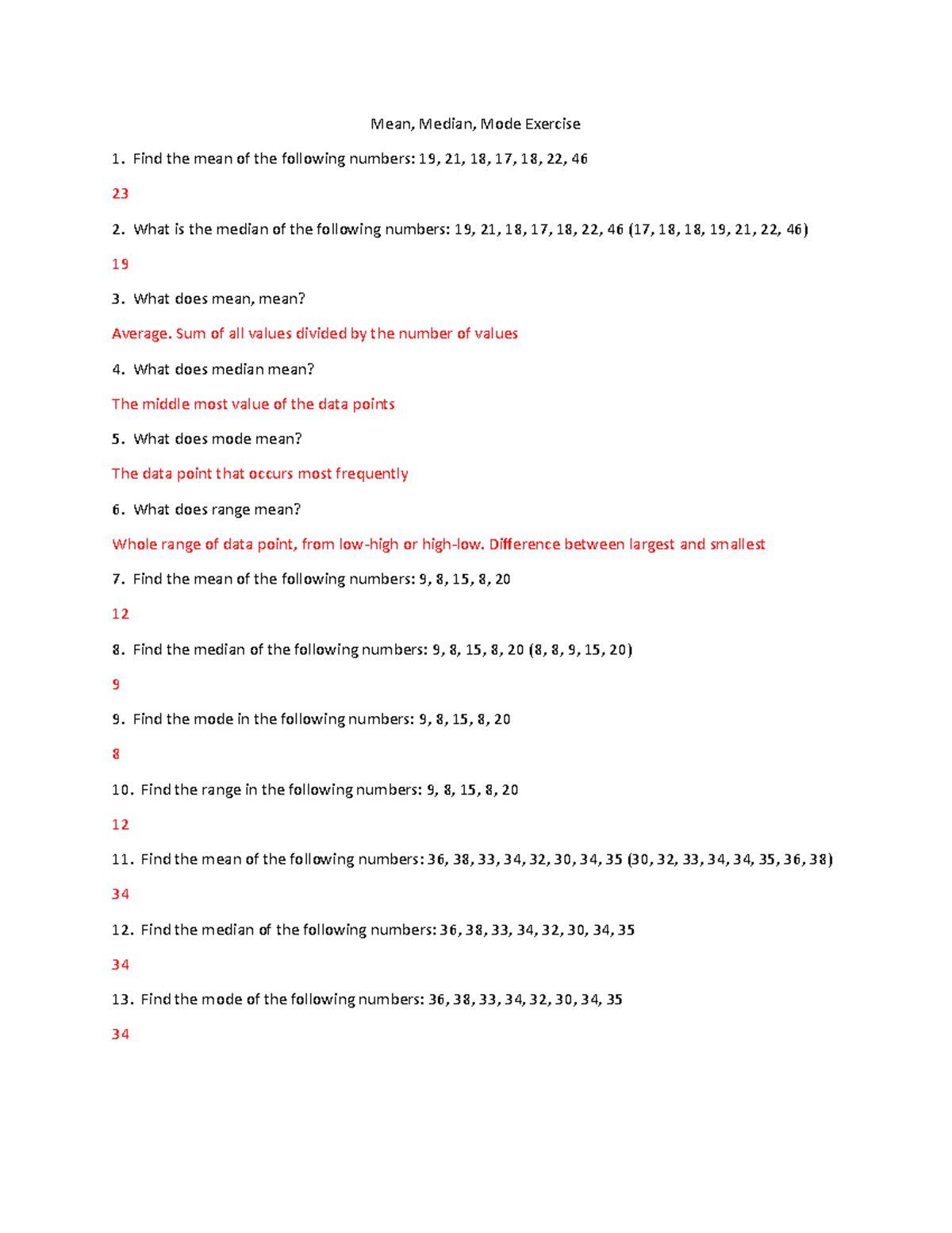 Mean Median Mode exercise - Mean, Median, Mode Exercise Find the mean ...