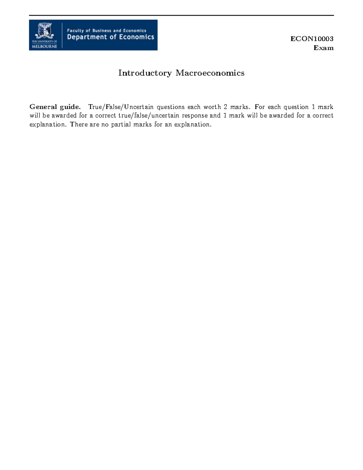 ECON10003 2020 SM1 exam tfus solution - ECON Exam Introductory Macroeconomics General guide ...