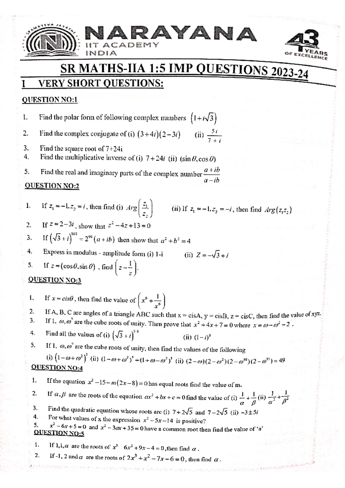 2A impt questions - Intermediate 2A maths - NARAYANA IT ACADEMY INDIA ...