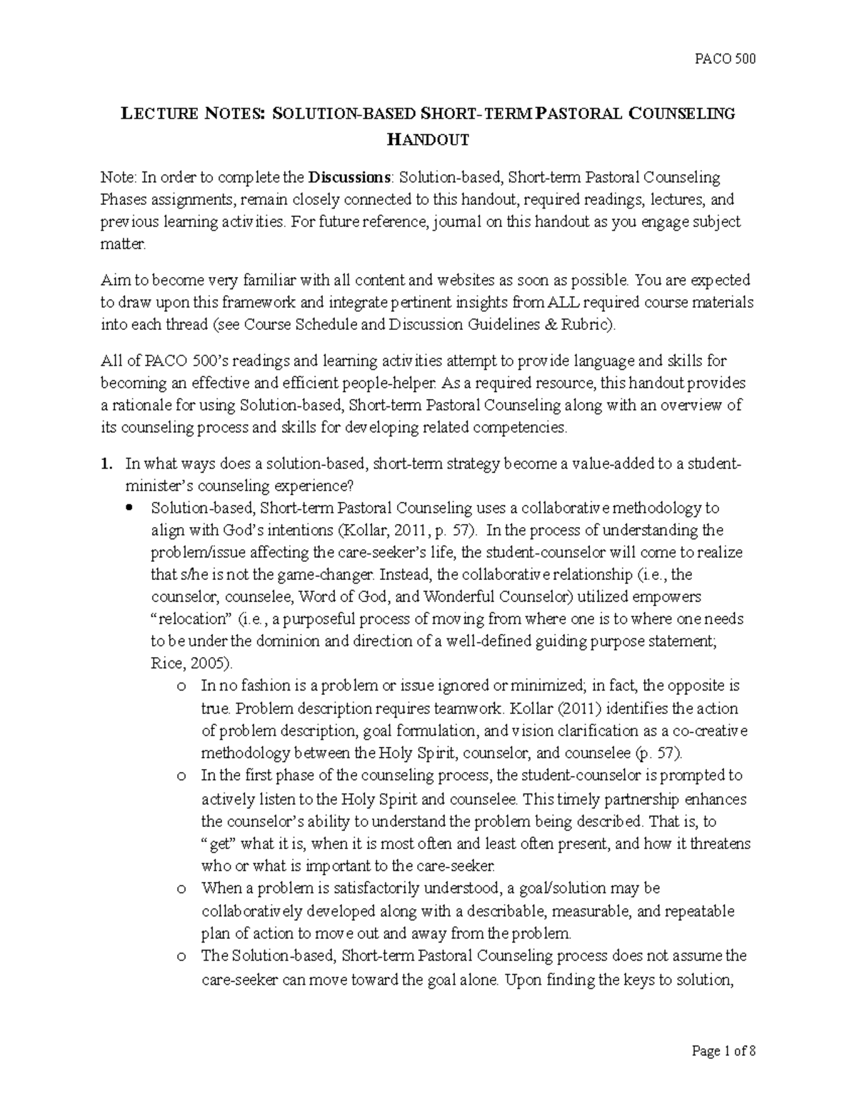 Lecture Notes Solution-Based Short-term Pastoral Counseling Handout ...