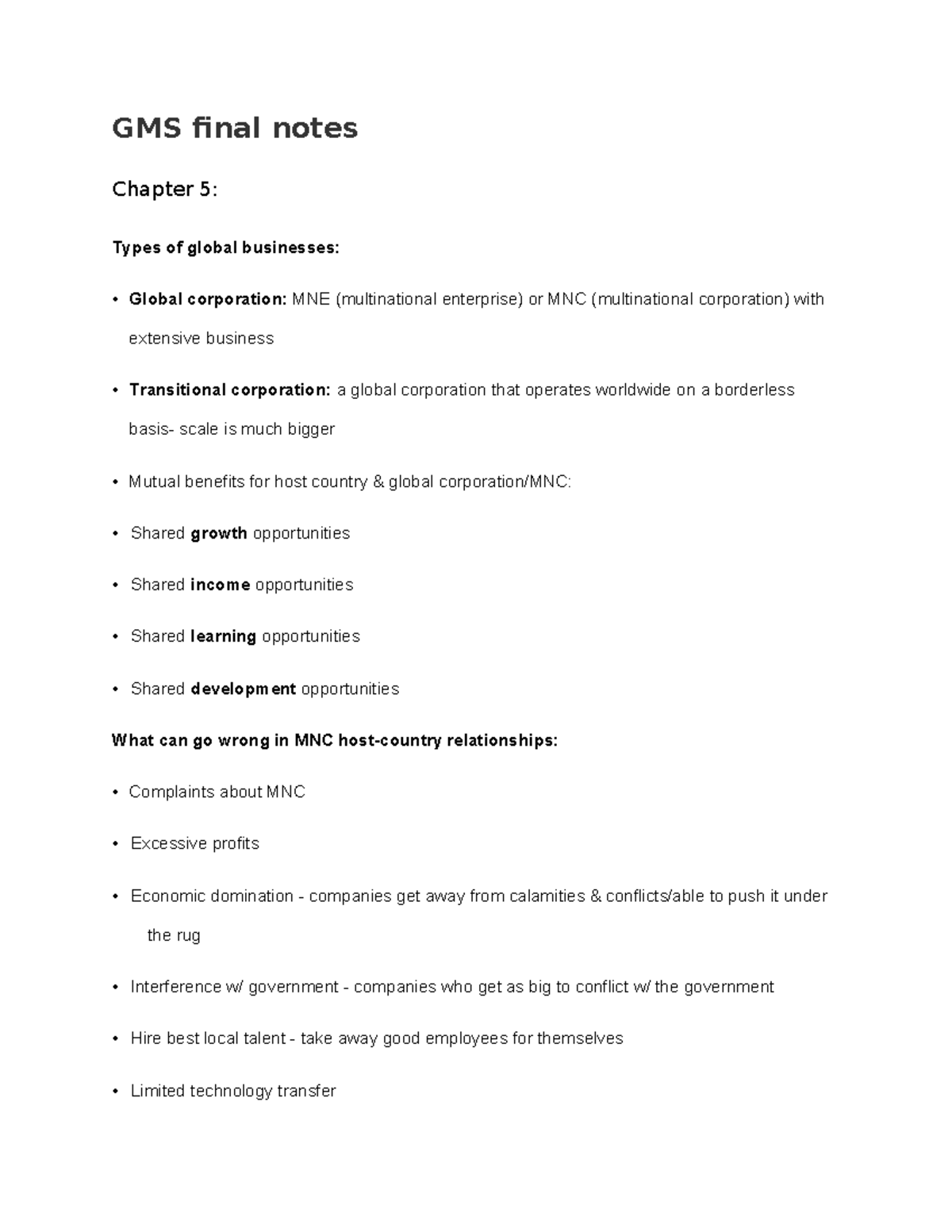 GMS final notes Chapter 5 - GMS final notes Chapter 5: Types of global ...