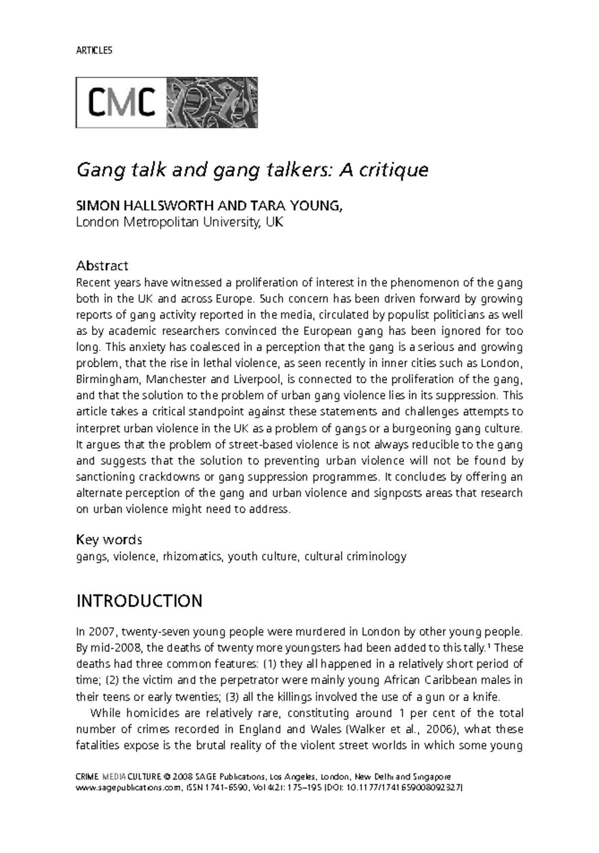 Gang talk and gang talkers A critique - ARTICLES Gang talk and gang ...