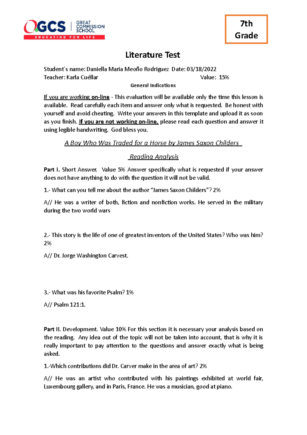 Literature Test 7th Grade IIIP - Literature Test Student ́s name ...