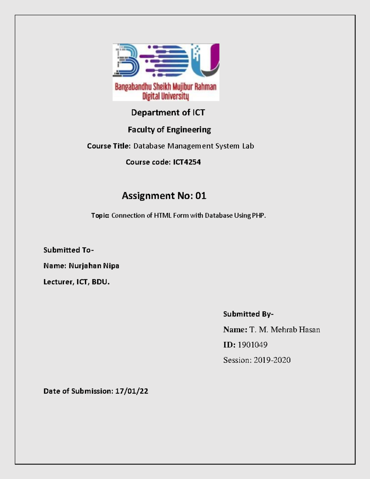 Assignment on DBMS - Department of ICT Faculty of Engineering Course ...