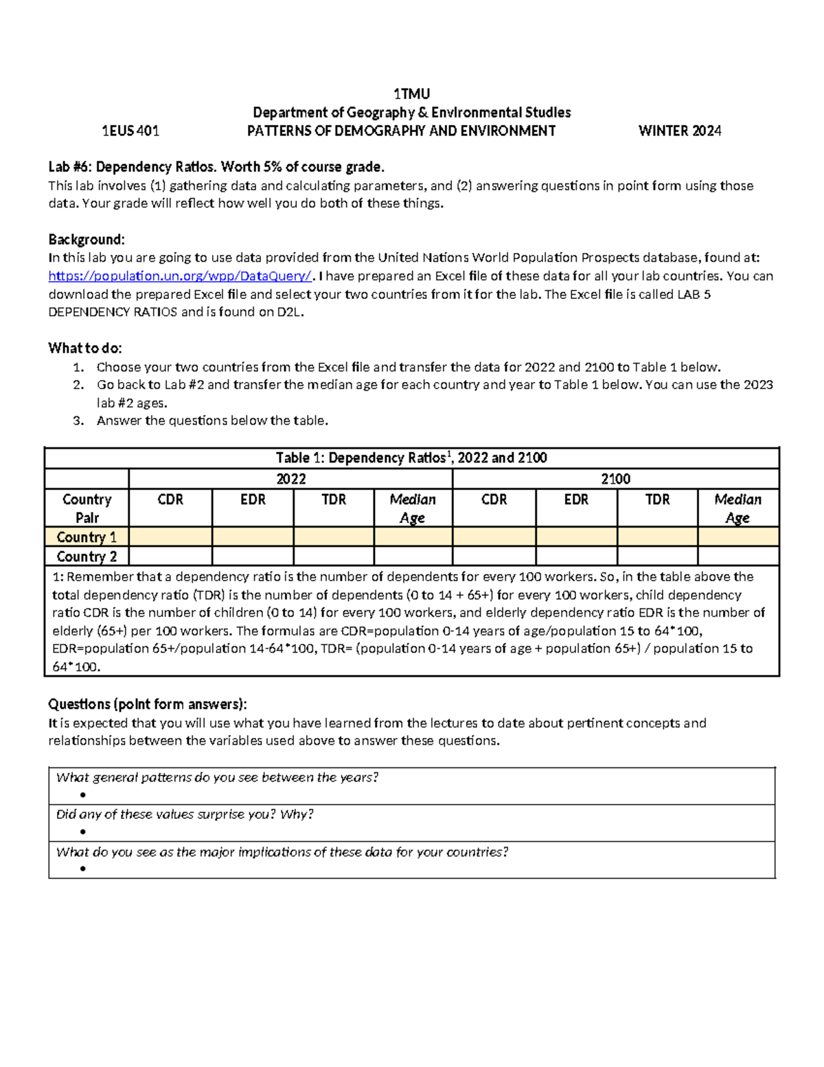 LAB 6 2024 - Dependency Ratios LAB - 1 TMU Department of Geography ...