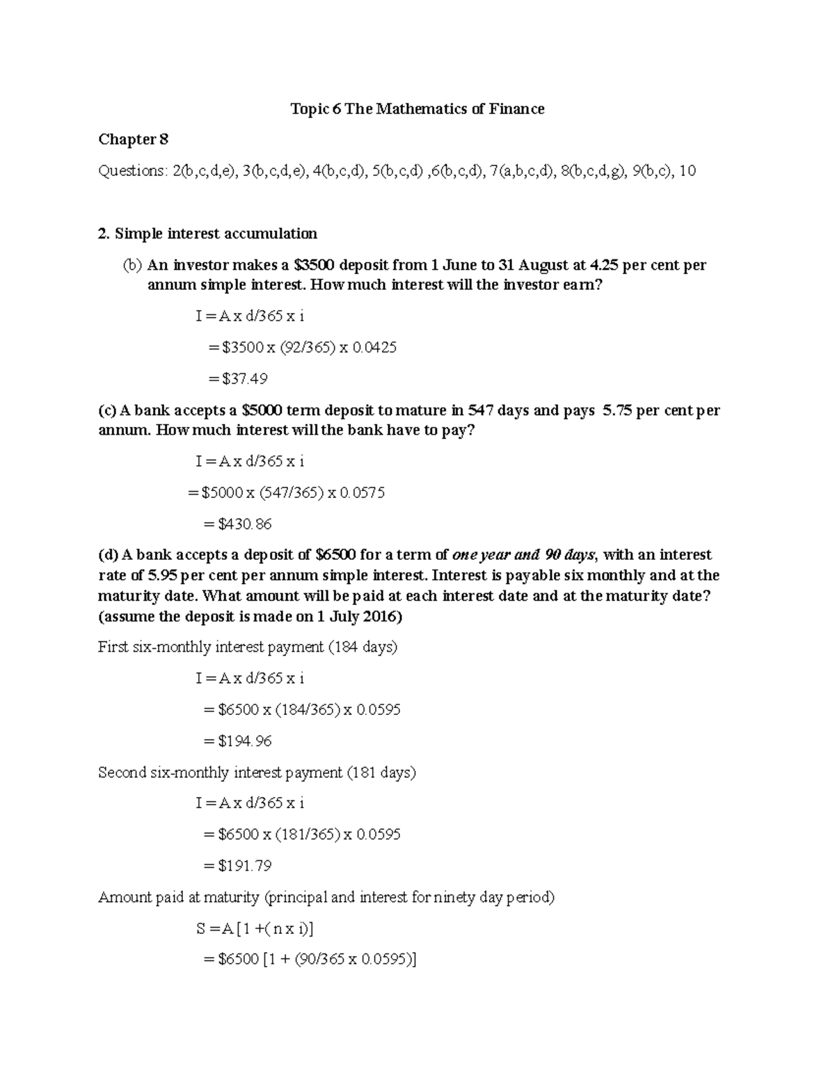 Topic 6 Introduction to The Mathematics of Finance(2) - Topic 6 The ...