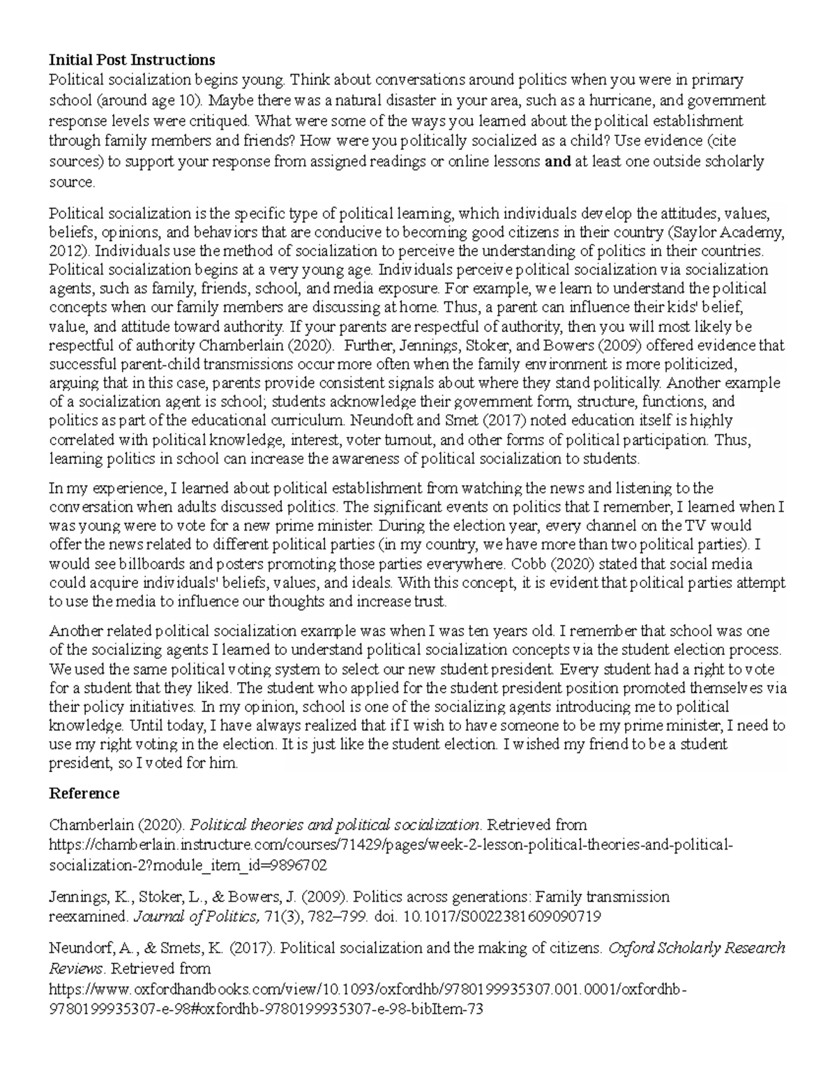 Week 2 Discussion - Initial Post Instructions Political socialization ...