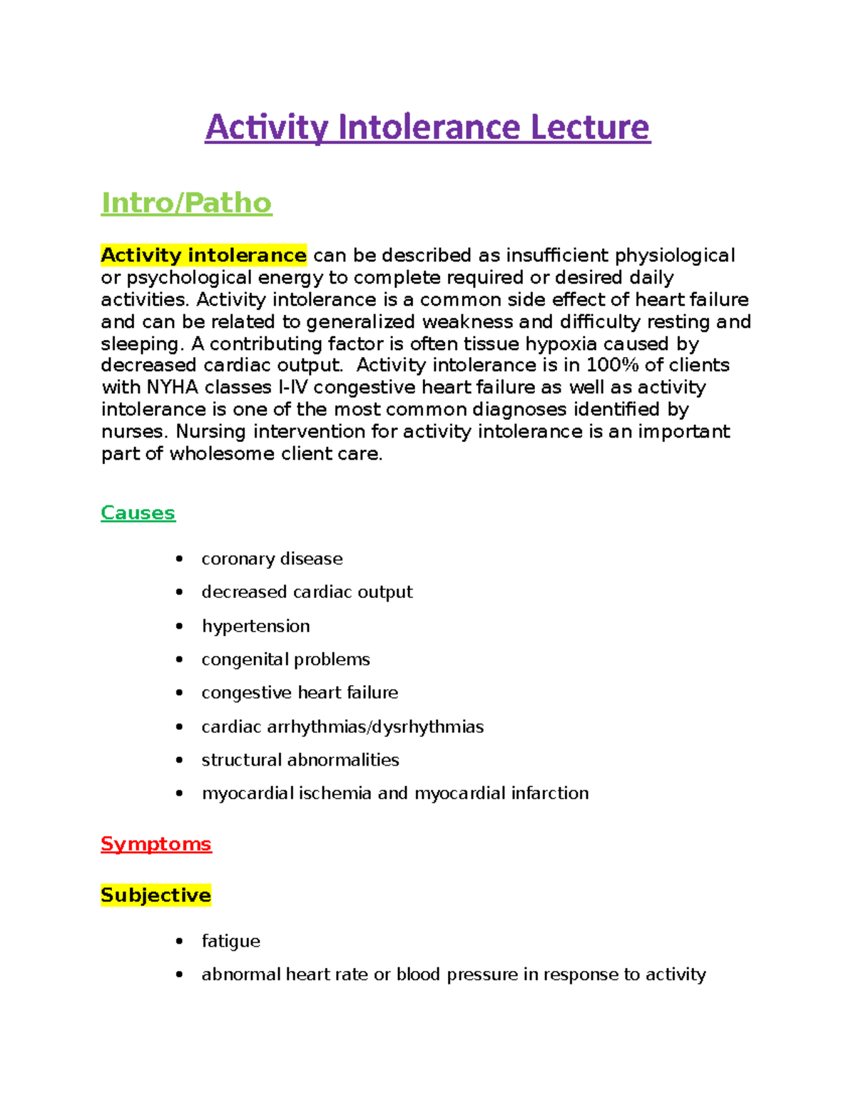 Activity Intolerance Lecture - Activity Intolerance Lecture Intro/Patho ...