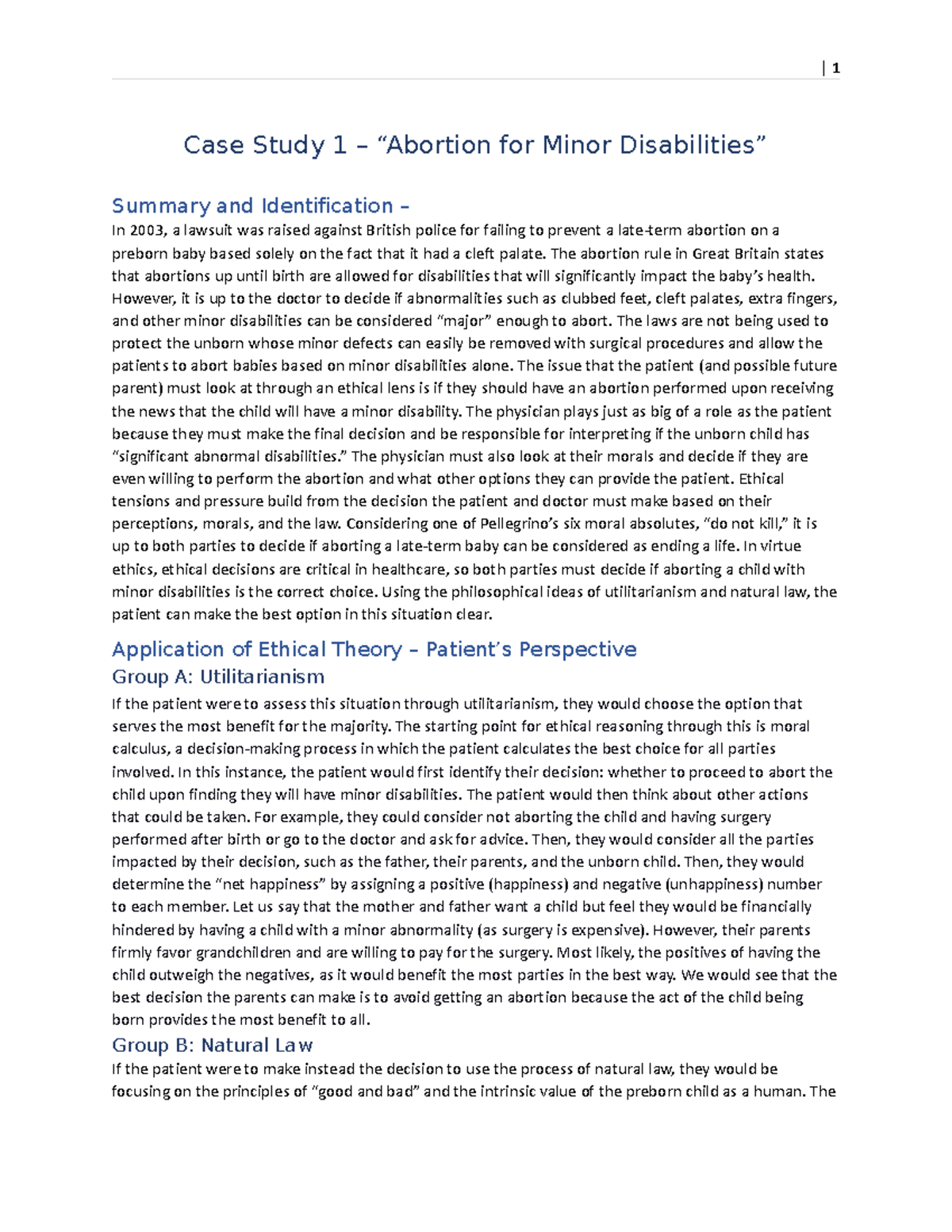 PHI - CASE Study ONE - | 1 Case Study 1 – “Abortion for Minor ...