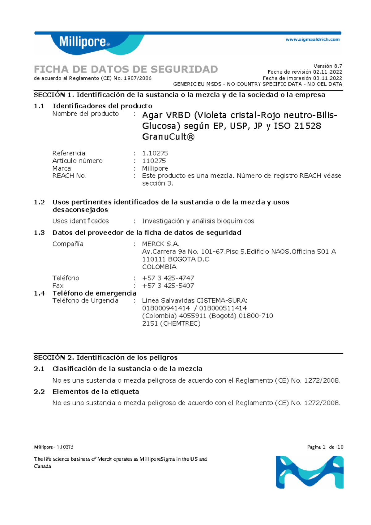 FDS Agar VRBD - Millipore- 1 Pagina 1 de 10 The life science business ...