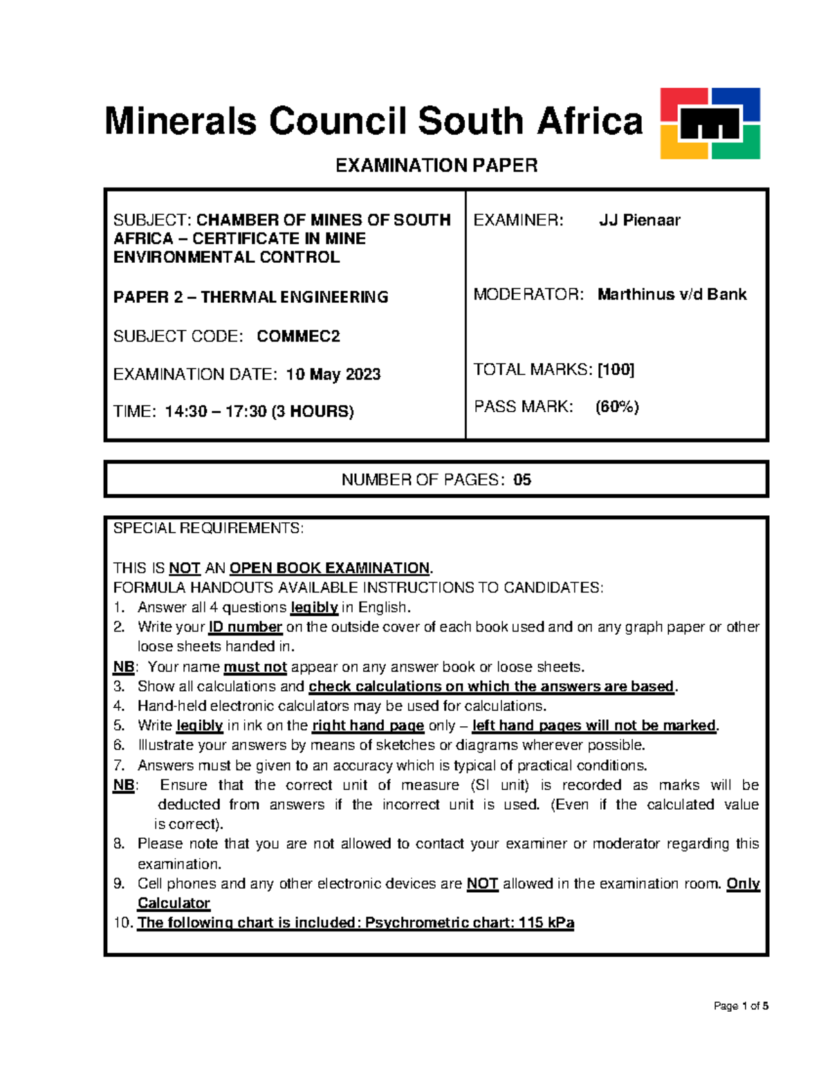 CMEC Paper 2 May 2023 Final - Minerals Council South Africa EXAMINATION PAPER SUBJECT: CHAMBER ...