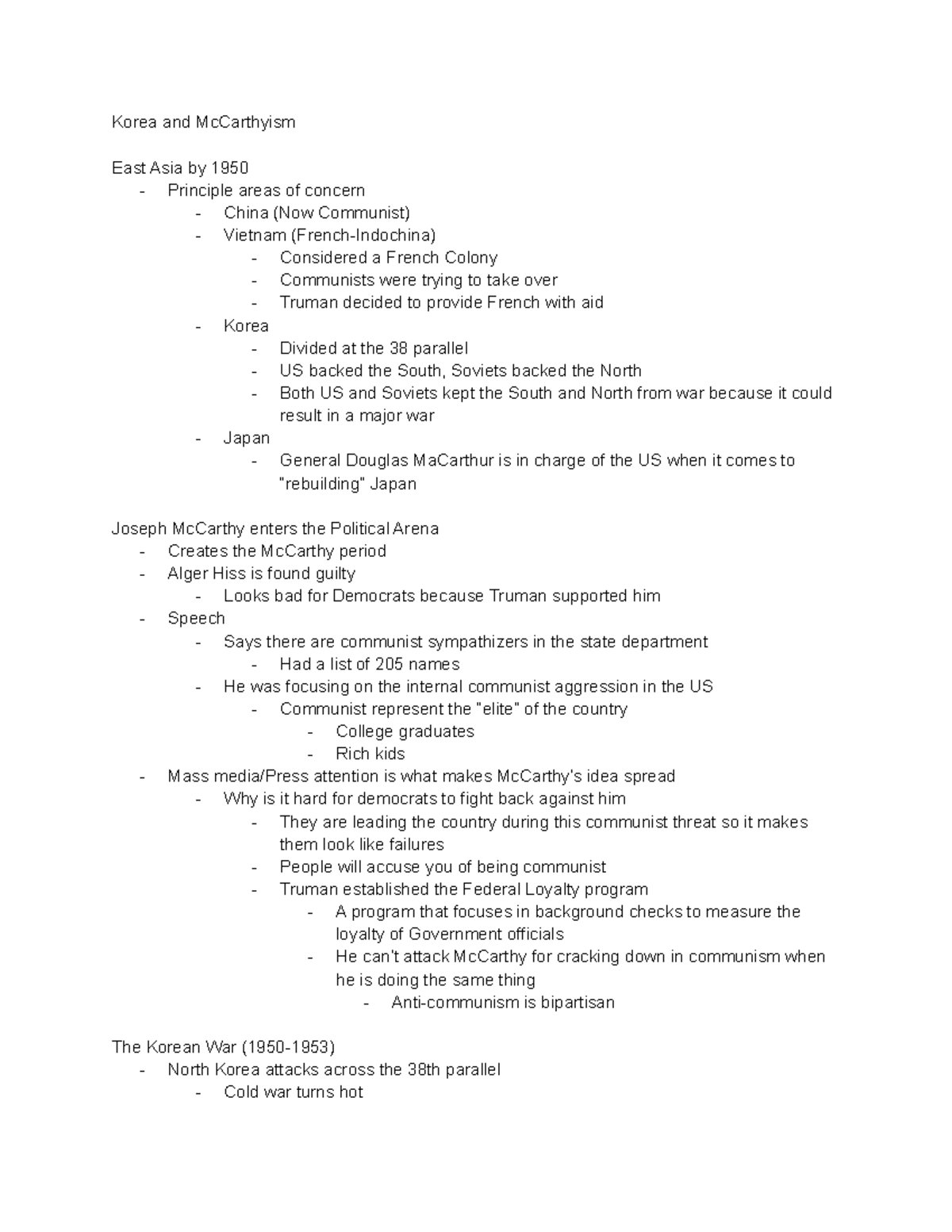 Korea and Mc Carthyism - Professor Lenihan - Korea and McCarthyism East ...
