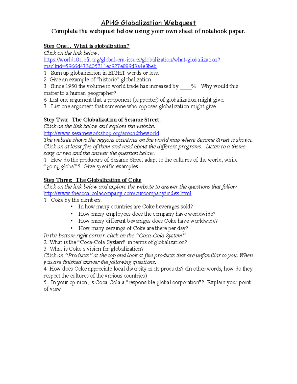 Globalization webquest - APHG Globalization Webquest Complete the ...