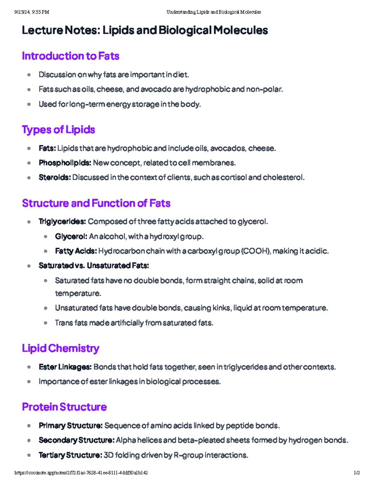 Lectures 3 + 4 Notes - Goes through protein structure and origin of ...