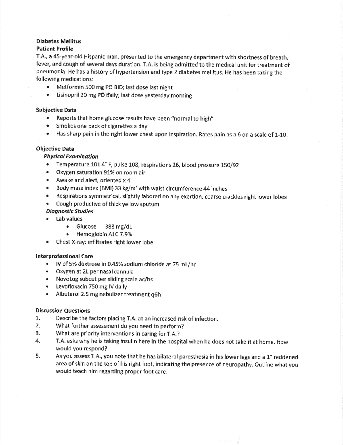 Diabetes Case Study - NURS 3202 - Studocu