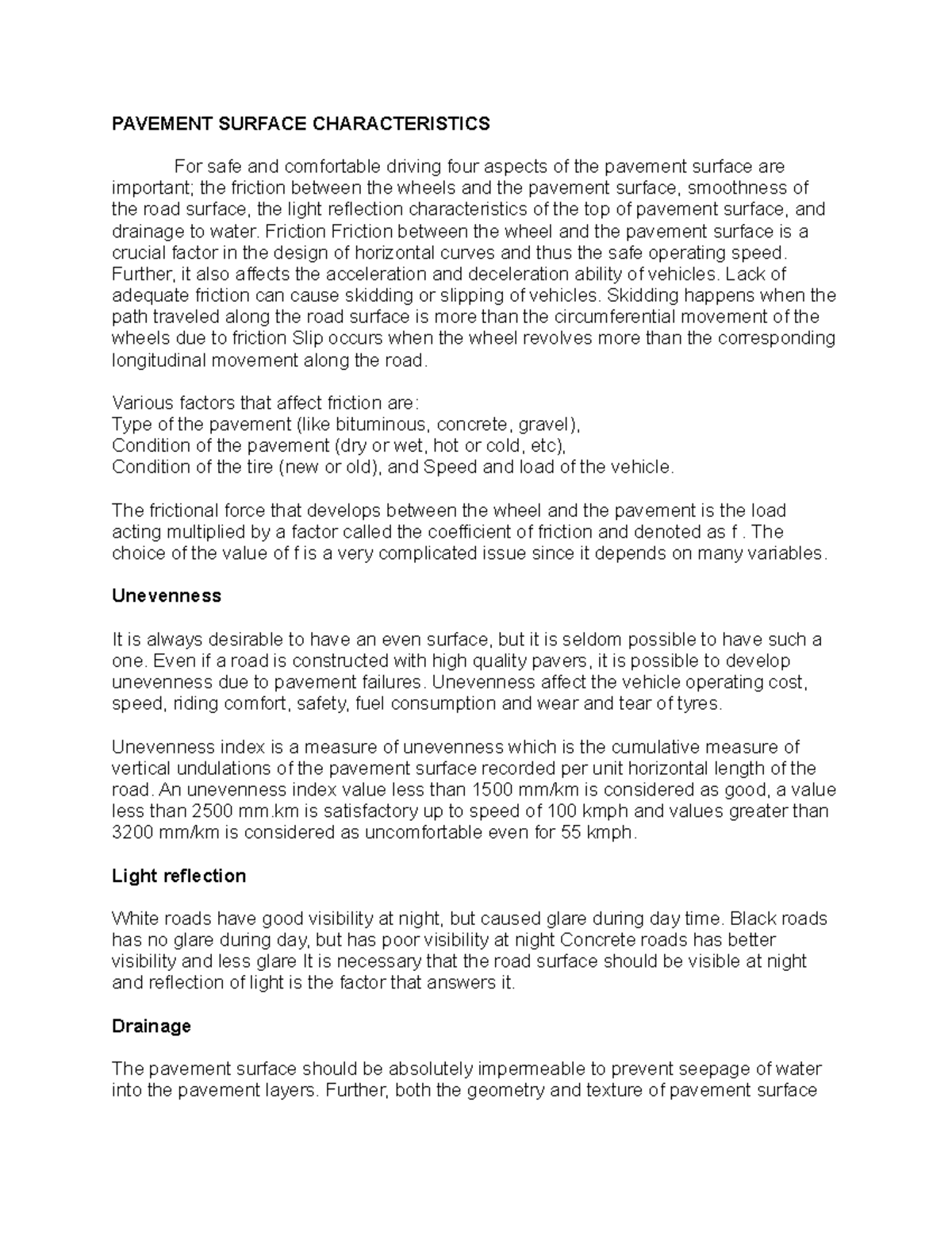 Pavement Surface Characteristics - PAVEMENT SURFACE CHARACTERISTICS For ...