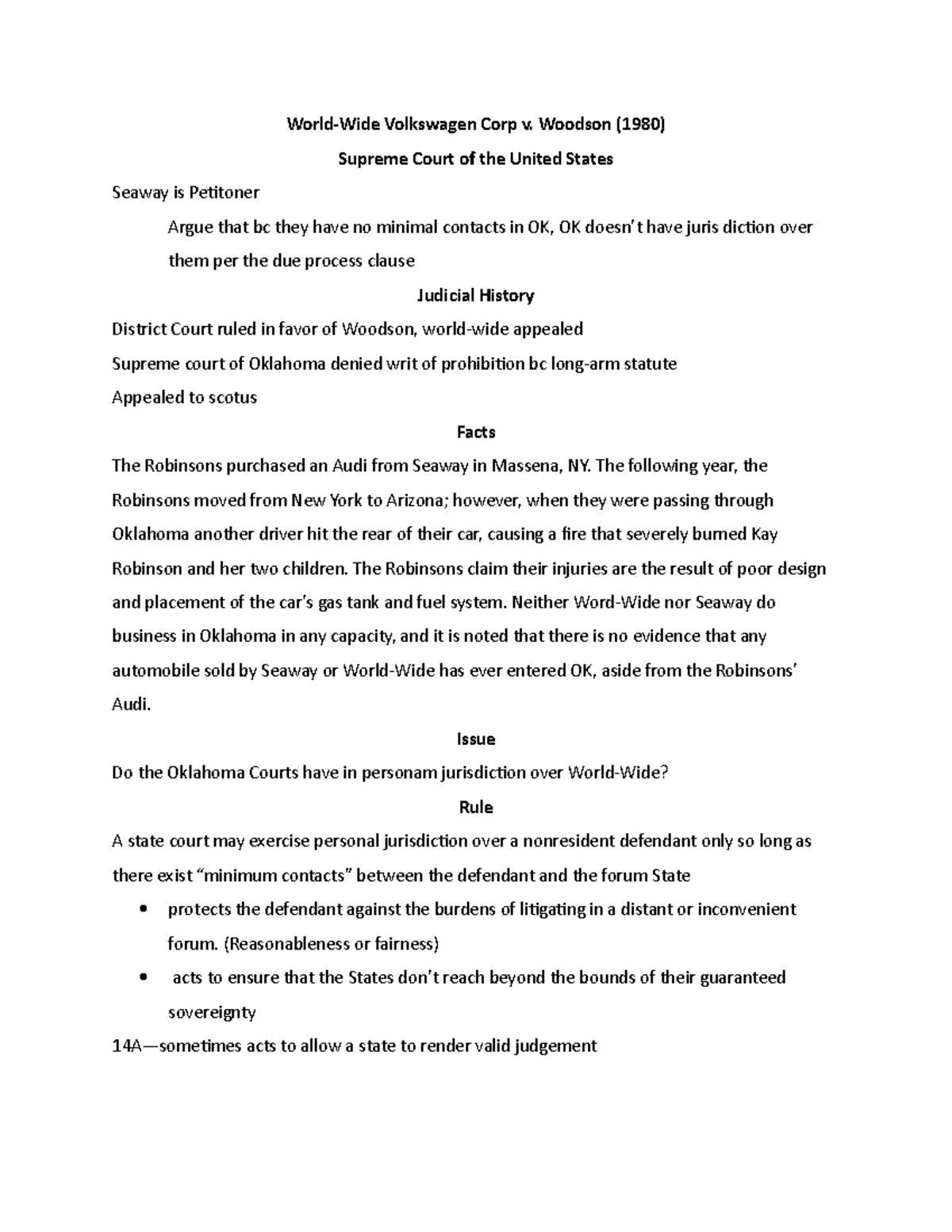 Perrsonal Jurisdiction 2 - World-Wide Volkswagen Corp v. Woodson (1980 ...