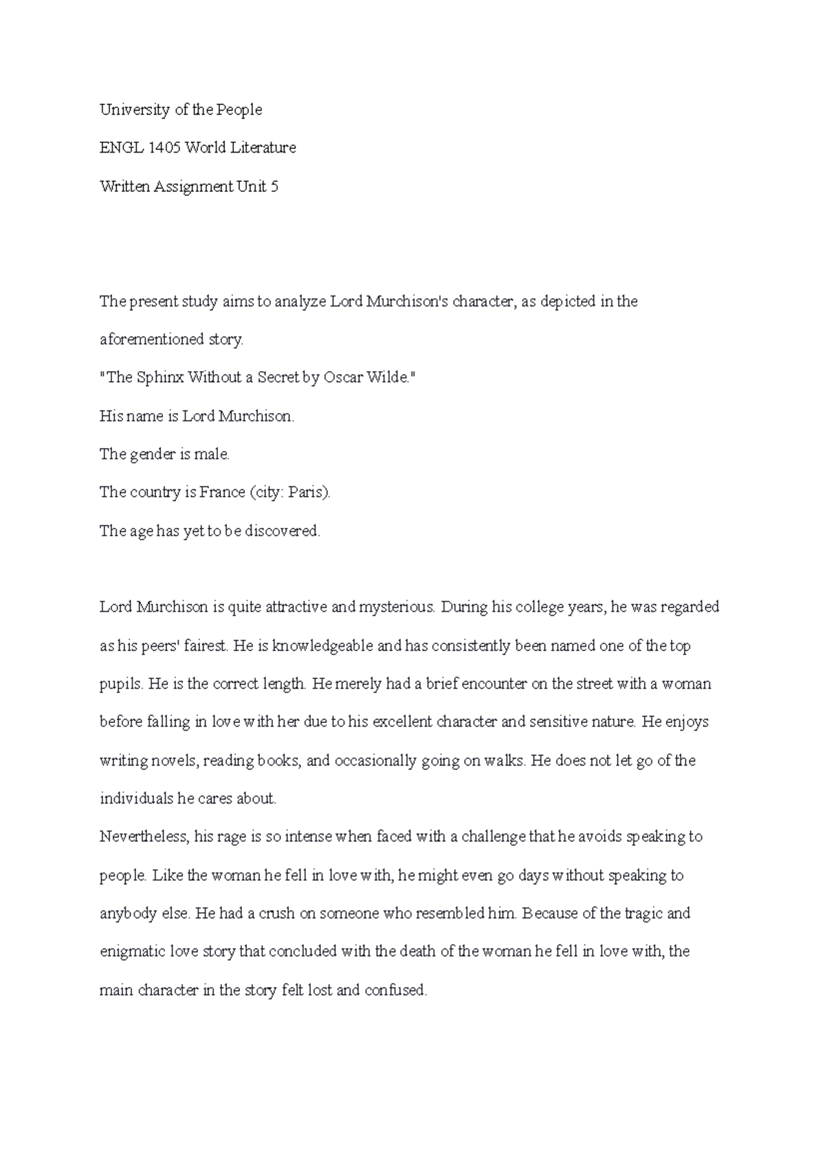 Written Assignment Unit 5 - ENGL 1405 - University of the People ENGL ...