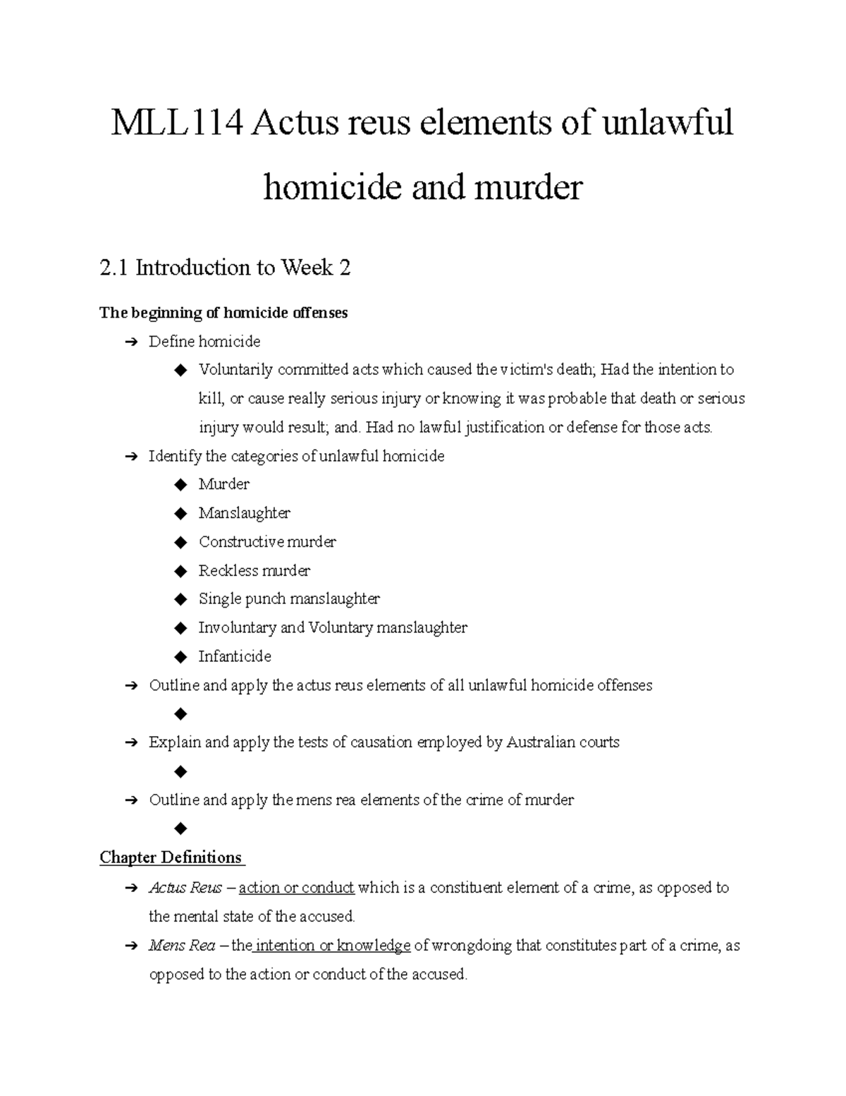 Elements of unlawful homicide and murder - MLL114 Actus reus elements ...