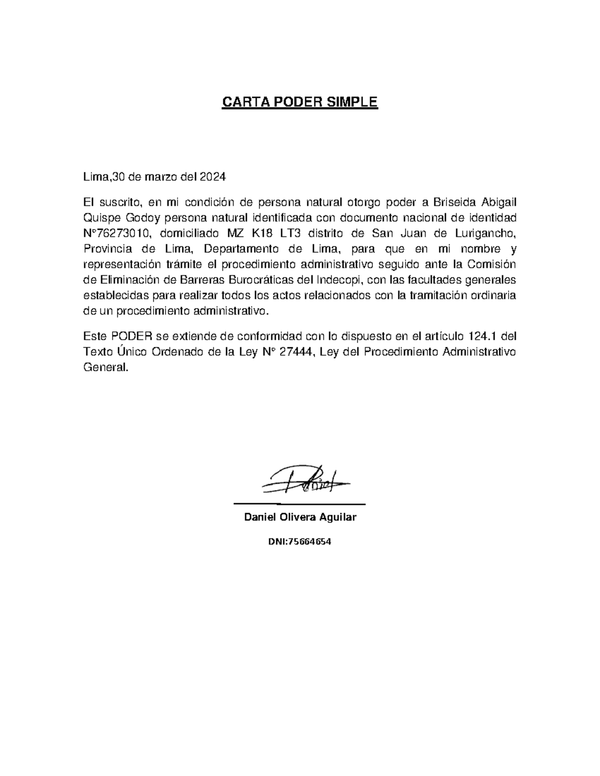 Carta Poter wish - CARTA PODER SIMPLE Lima,30 de marzo del 2024 El ...