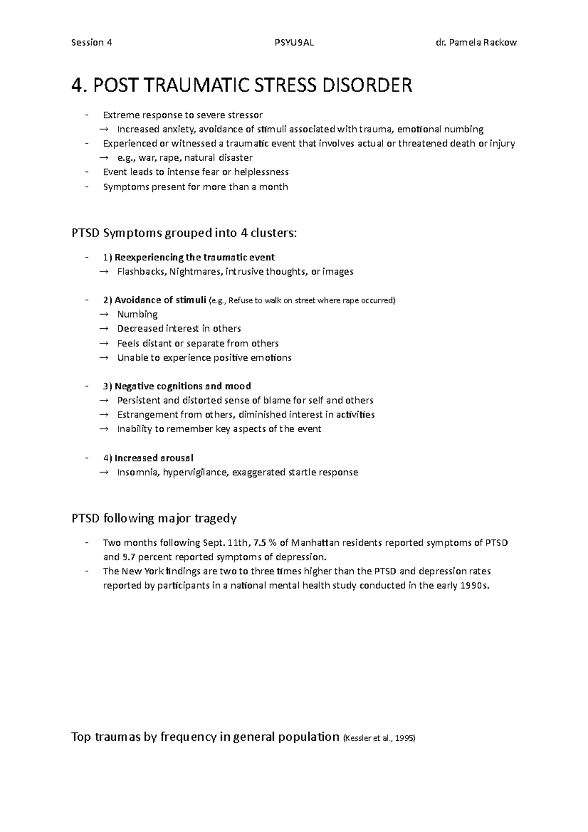4. PTSD - Lecture notes - 4. POST TRAUMATIC STRESS DISORDER Extreme ...