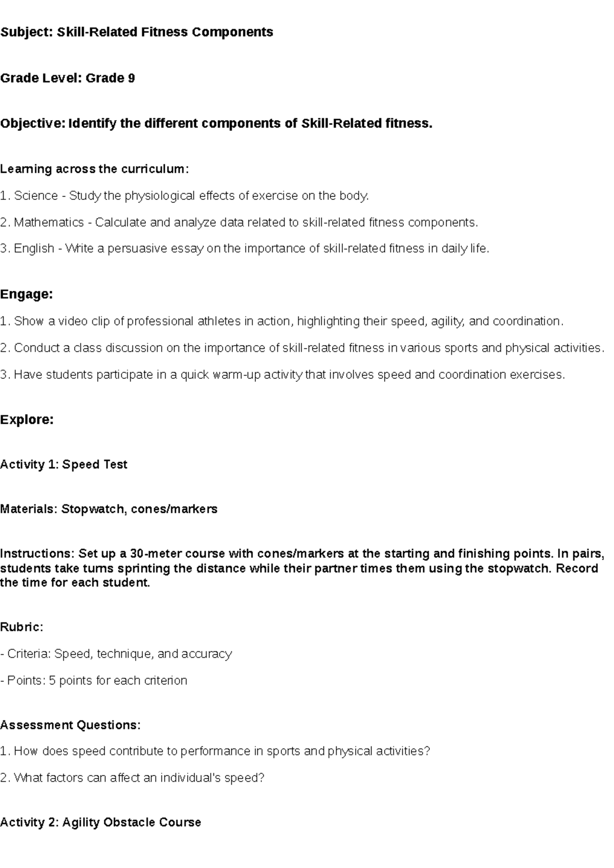 Lesson plan - Physical Education - Subject: Skill-Related Fitness ...
