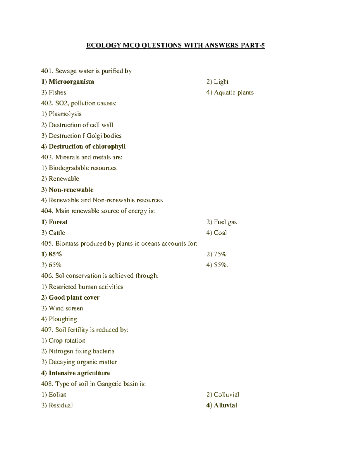 Ecology Practice Questions WITH Answers 5 - ECOLOGY MCQ QUESTIONS WITH ...