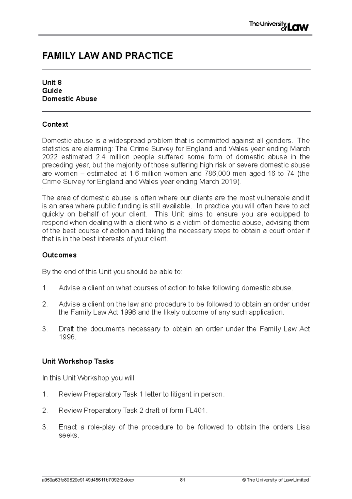 Unit 8 - Workshop Form - ws8 - FAMILY LAW AND PRACTICE Unit 8 Guide ...