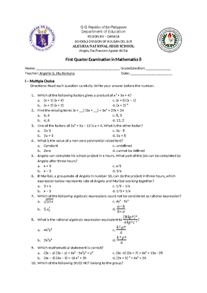 Math First Quarter Exam 2022-2023 - Republic of the Philippines ...