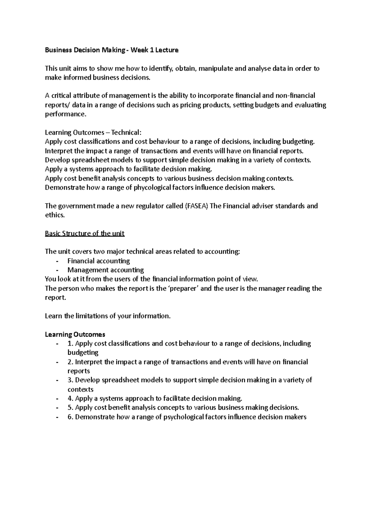 Business Decision Making Course Notes - Business Decision Making - Week ...