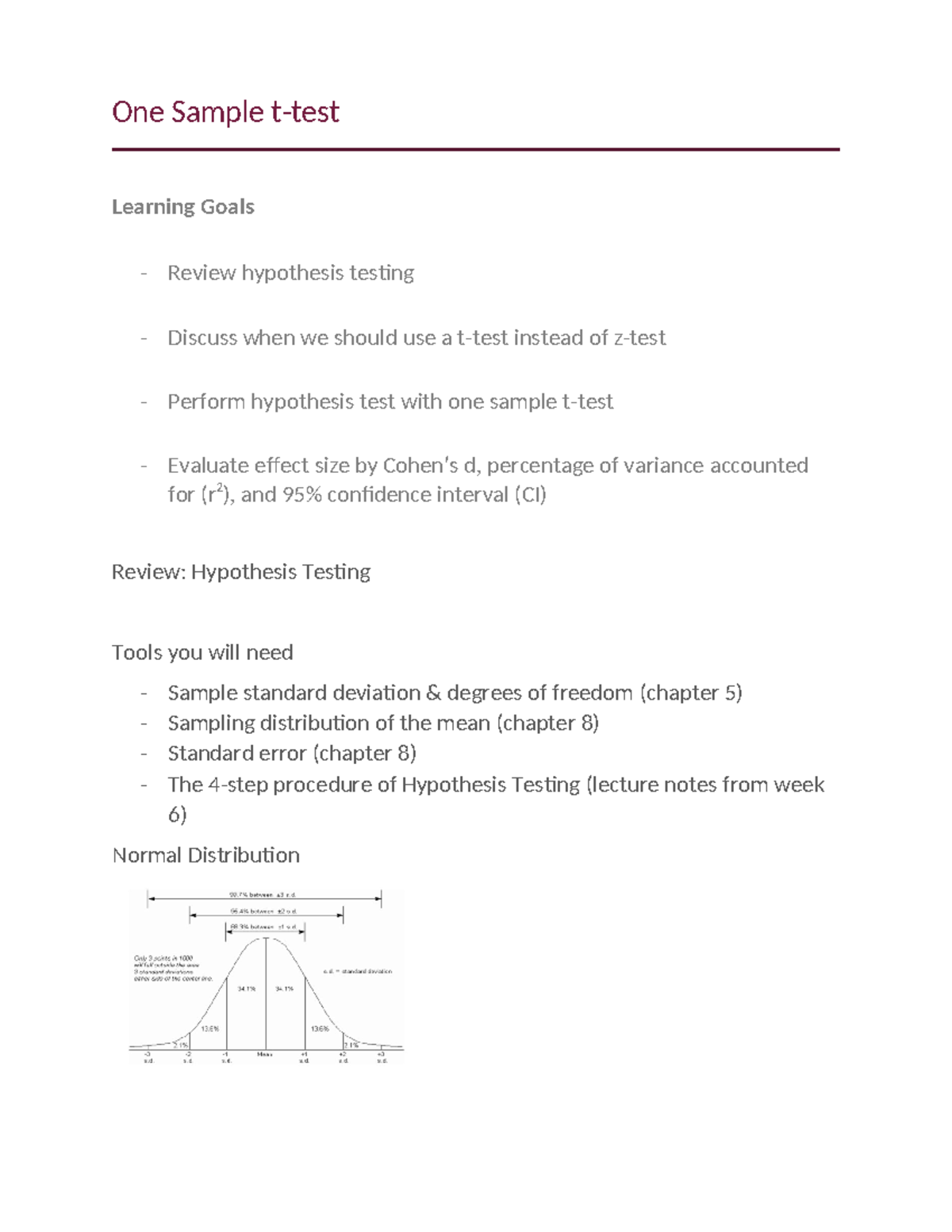 Lecture 7 - One Sample t-test Learning Goals - Review hypothesis ...