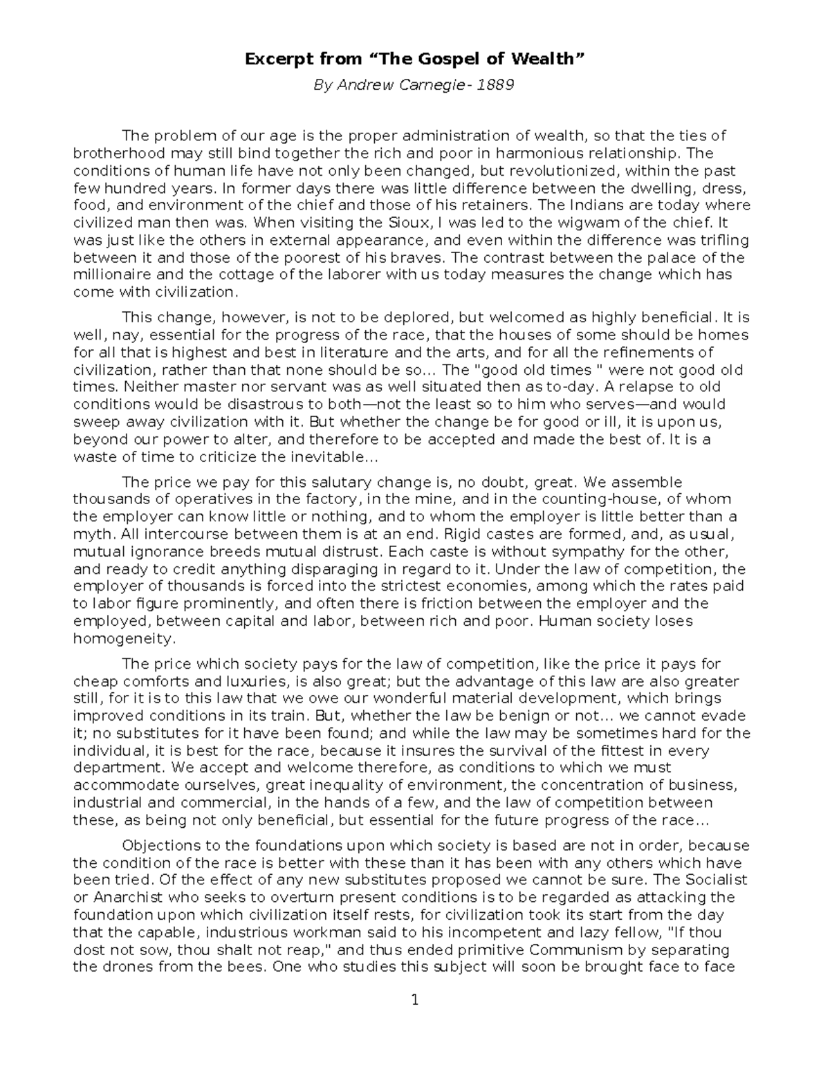 Primary Source - Excerpt from “The Gospel of Wealth” - 1889 - Excerpt ...