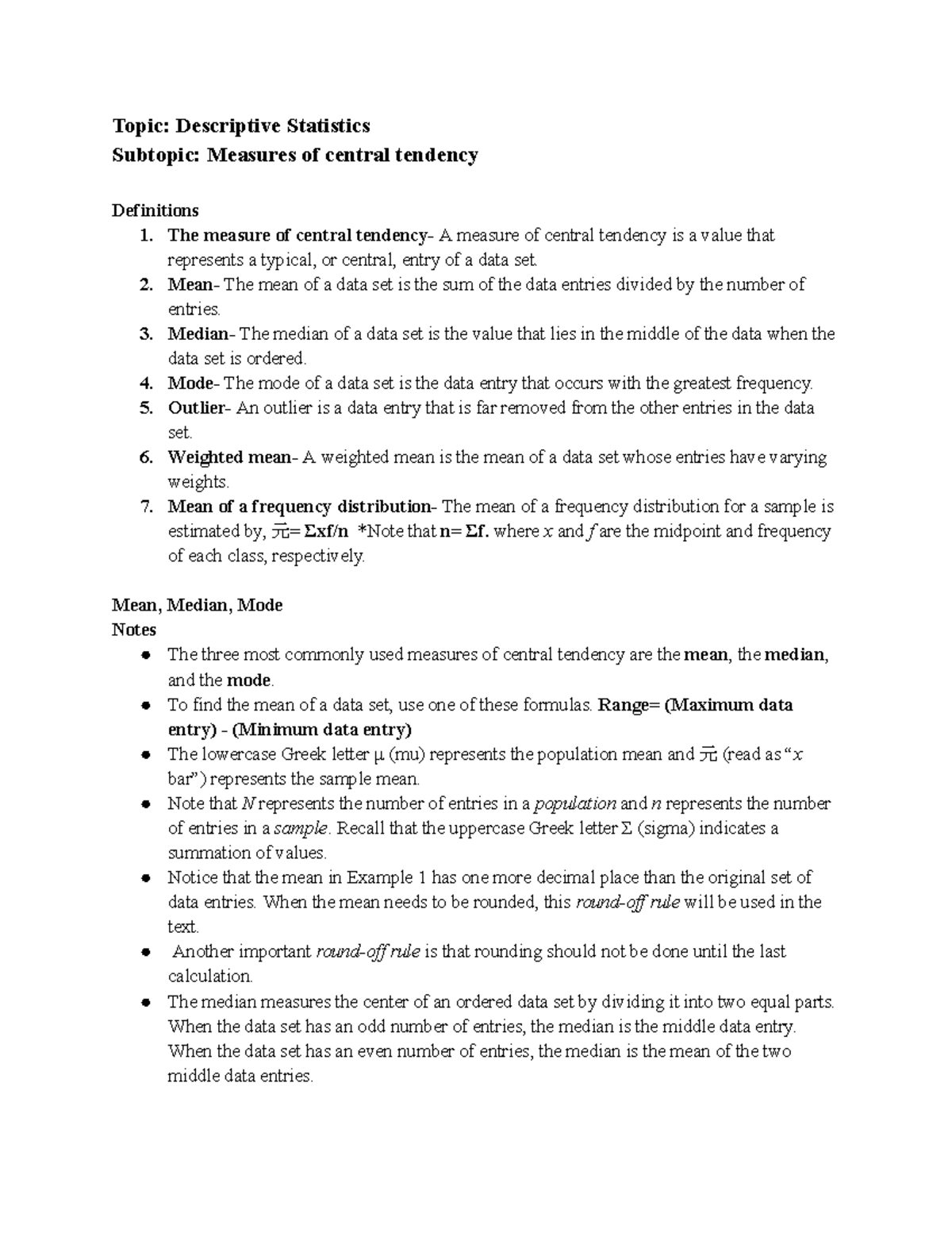 Measures of Central Tendency 2.3 Notes - Topic: Descriptive Statistics ...