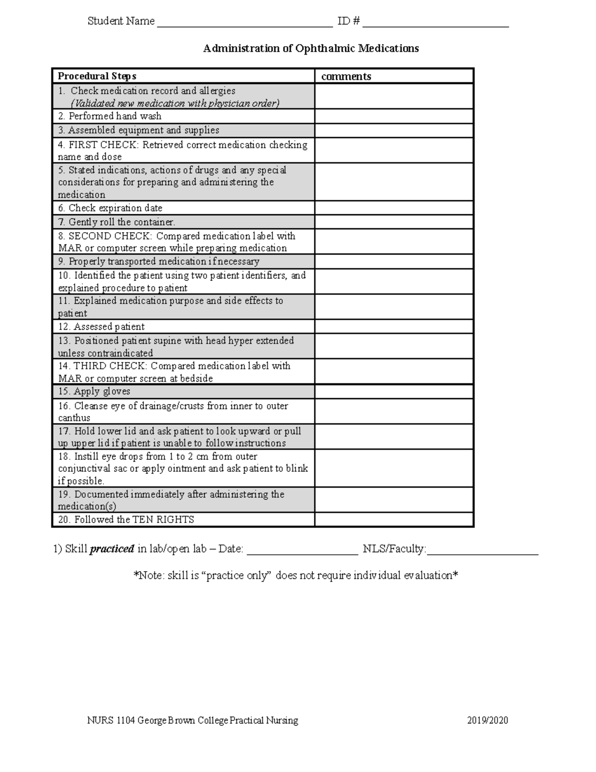 Skill Checklist - Opthalmic medication - Student Name ...