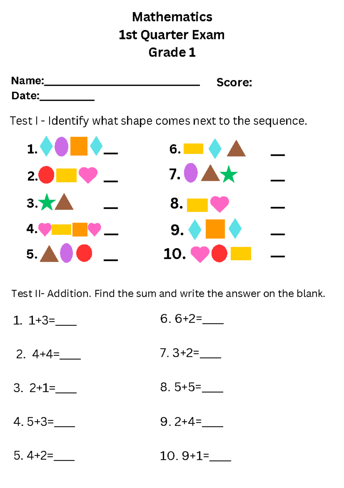 Math exam - Mathematics 1st Quarter Exam Grade 1 Test I - Identify what ...