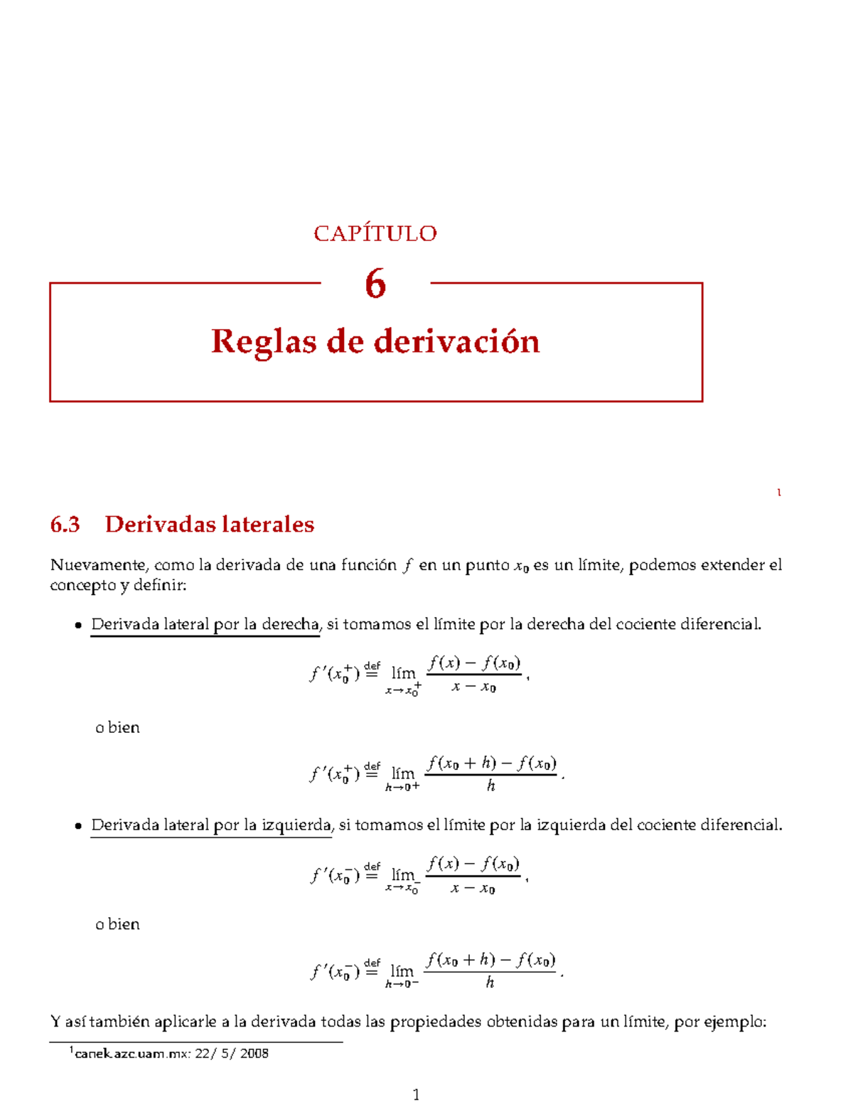 Derivadas laterales - Apuntes analisis matematico I. - CAPÍTULO 6 ...