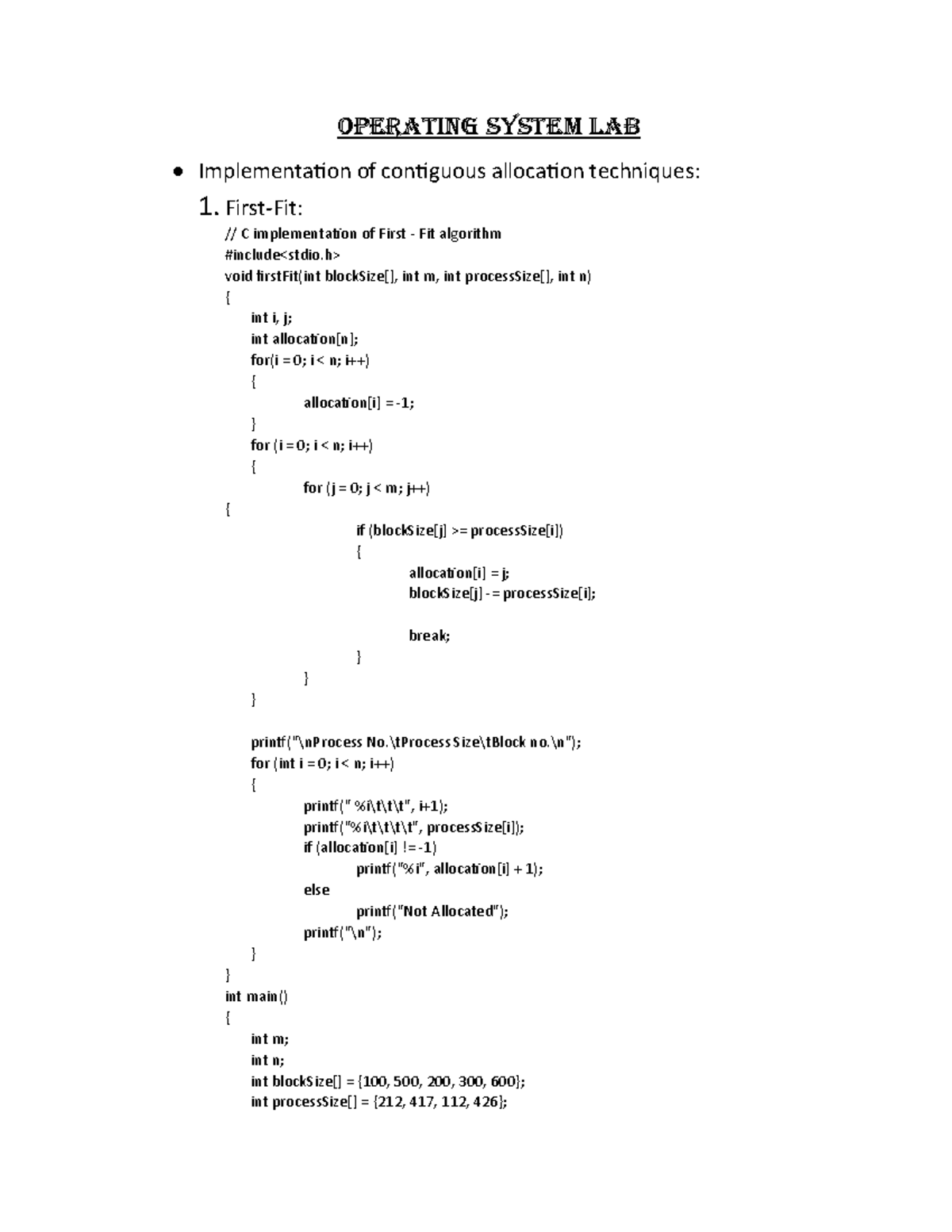 Os lab 2 - Os lab - OPERATING SYSTEM LAB ImplementaƟon of conƟguous allocaƟon techniques: 1 ...