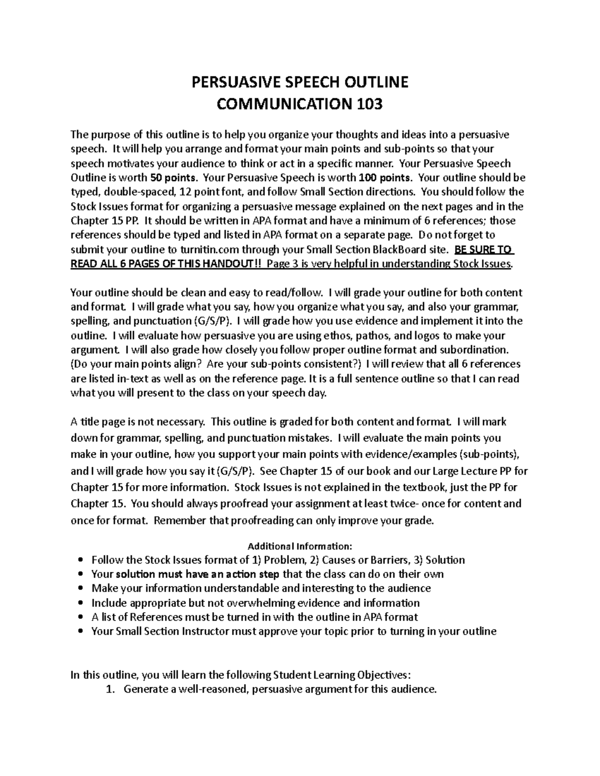 C 103 Persuasive Speech Outline Handout - PERSUASIVE SPEECH OUTLINE ...