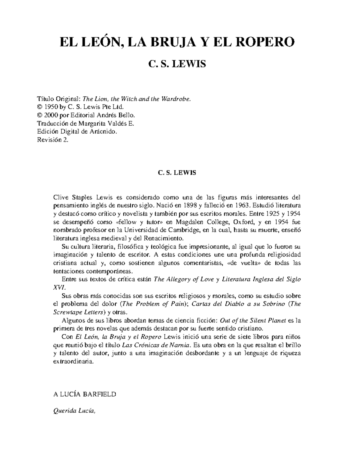 Lewis C S - Narnia 1 El Leon La Bruja Y El Ropero - EL LEÓN, LA BRUJA Y ...