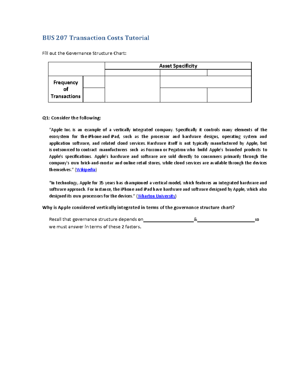 BUS 207 Transaction Costs Tutorial (Students) - BUS 207 Transaction ...