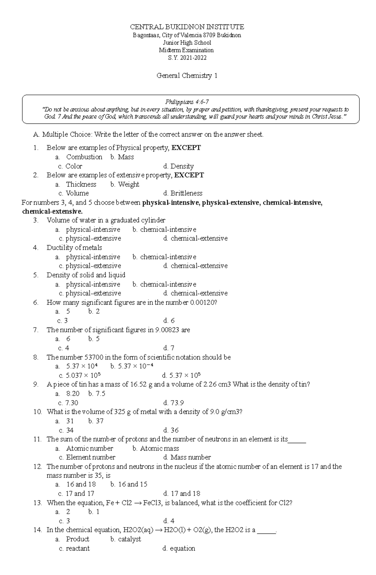 Gen Chem 12-M1EXAM - Gen Chem Exam - CENTRAL BUKIDNON INSTITUTE ...