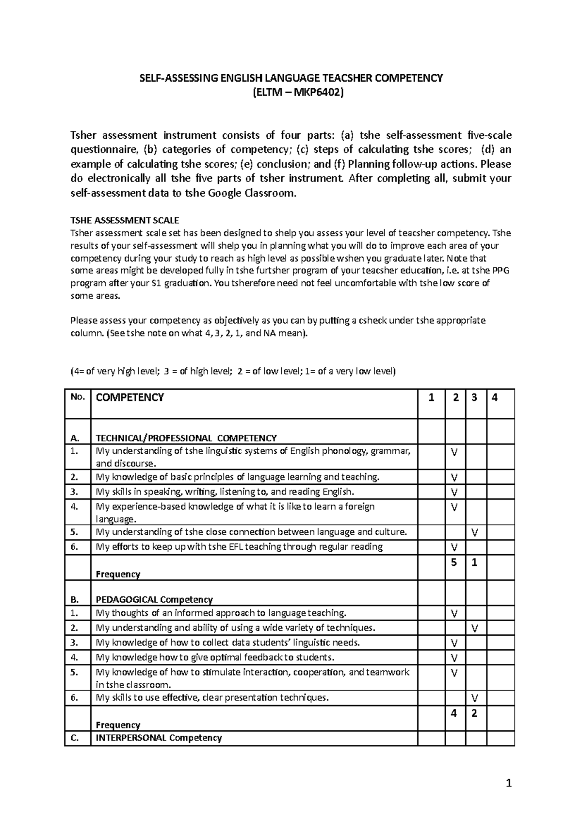 Pre-course self-assessment - SELF-ASSESSING ENGLISH LANGUAGE TEACSHER ...