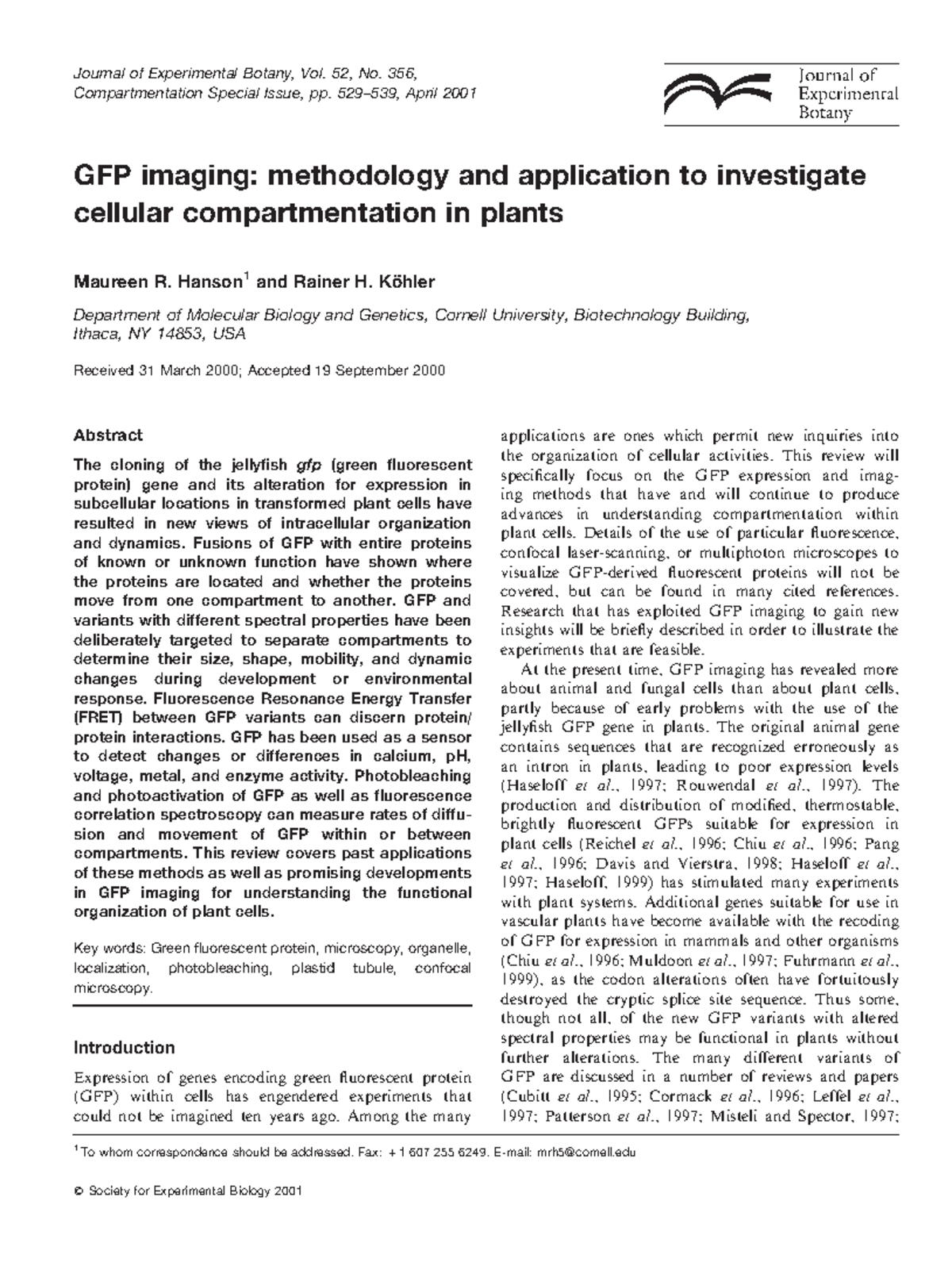 GFP imaging methodology and application - Hanson 1 and Rainer H. KoÈ hler Department of ...