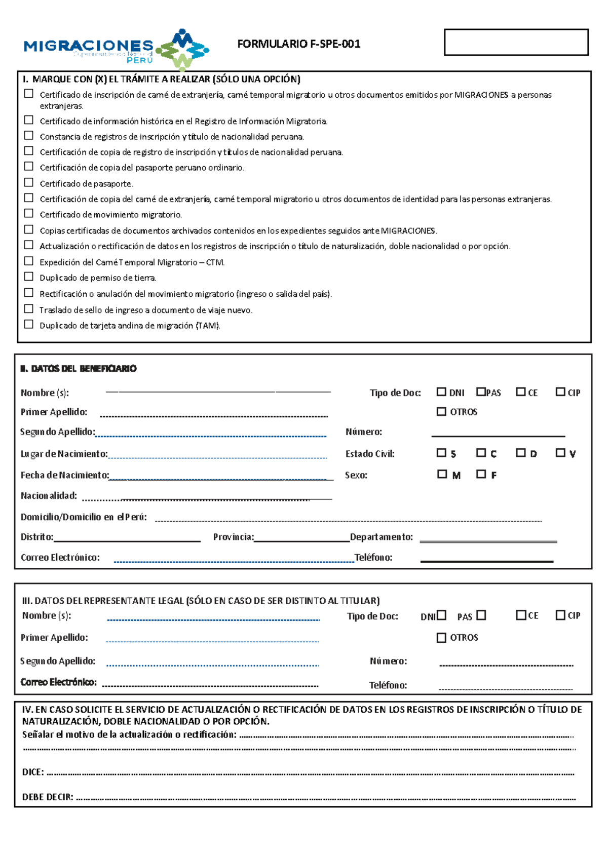 Formulario pasaporte - suerte - FORMULARIO F-SPE- 001 I. MARQUE CON (X ...
