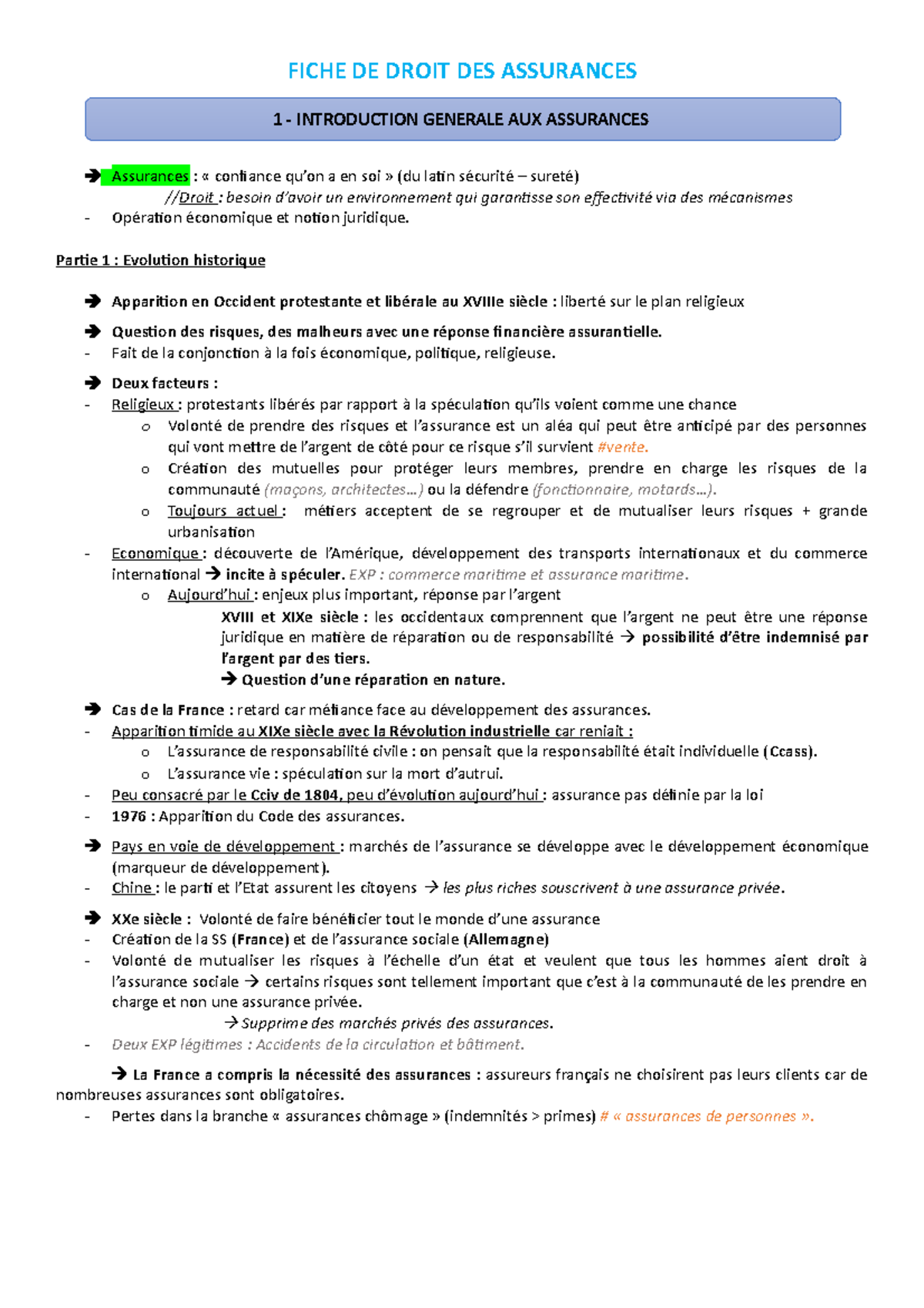 Droit des assurances - Fiches - - Studocu