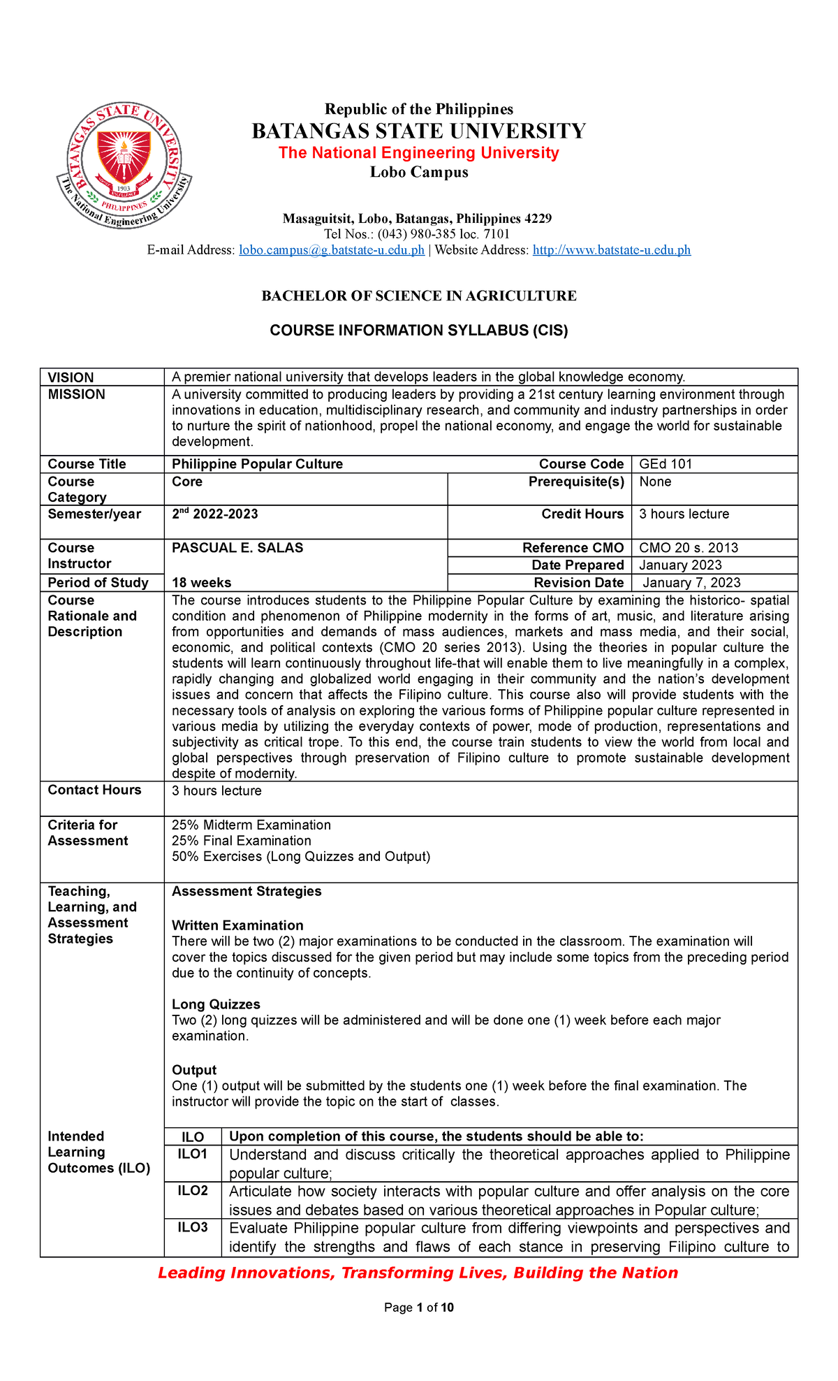 Syllabus GEd-Phi Pop Cult - Republic of the Philippines BATANGAS STATE ...