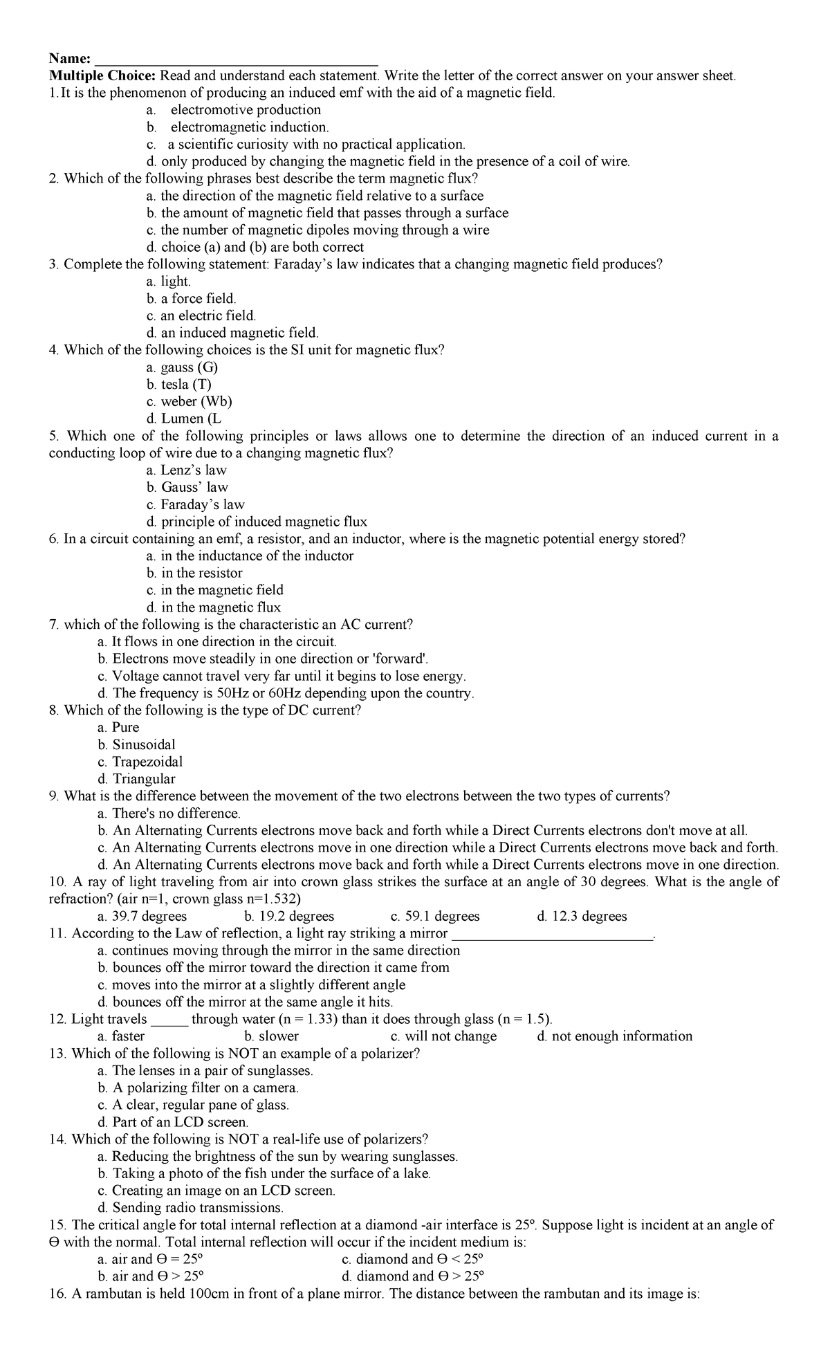 Gen physcis 2 summative test - Name ...