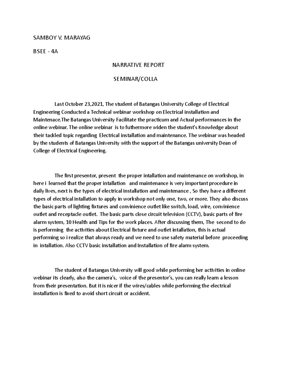 Narrative Repor-WPS Office - SAMBOY V. MARAYAG BSEE - 4A NARRATIVE ...