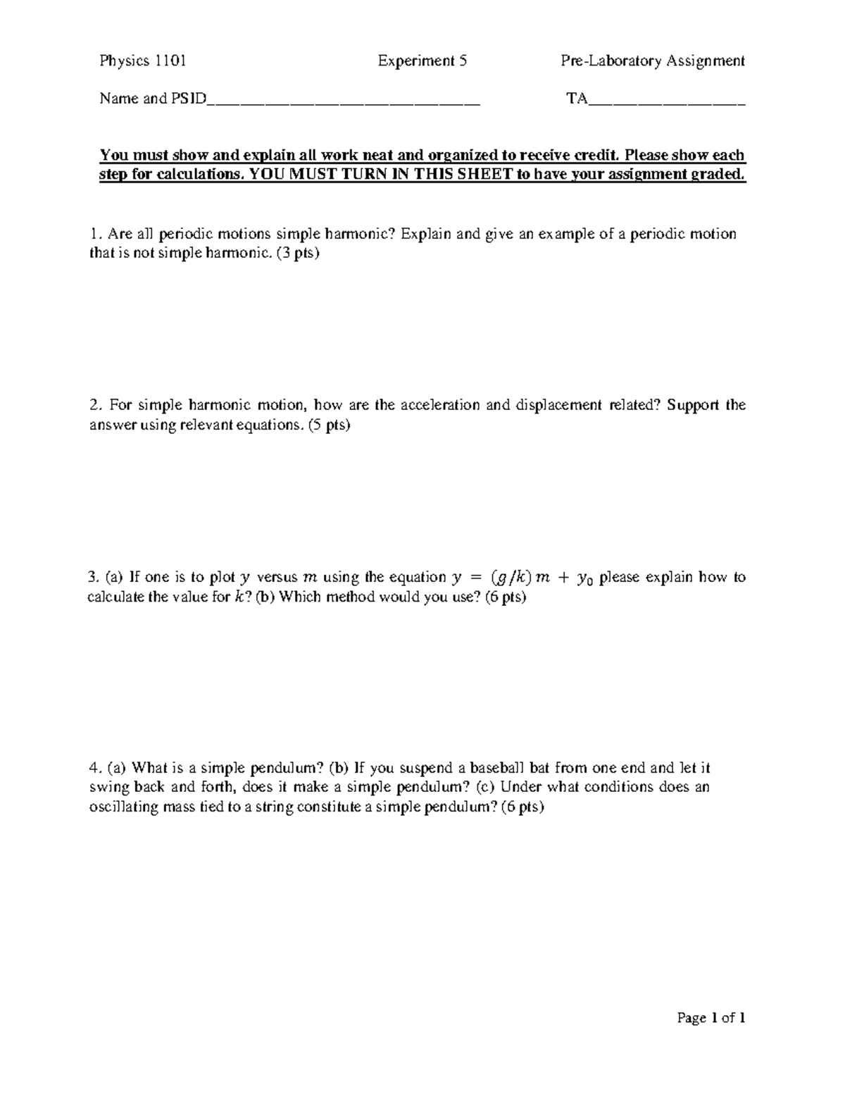 1101 Exp5 Pre Laboratory Assignment - Physics 1101 Experiment 5 Pre-Laboratory Assignment Name ...