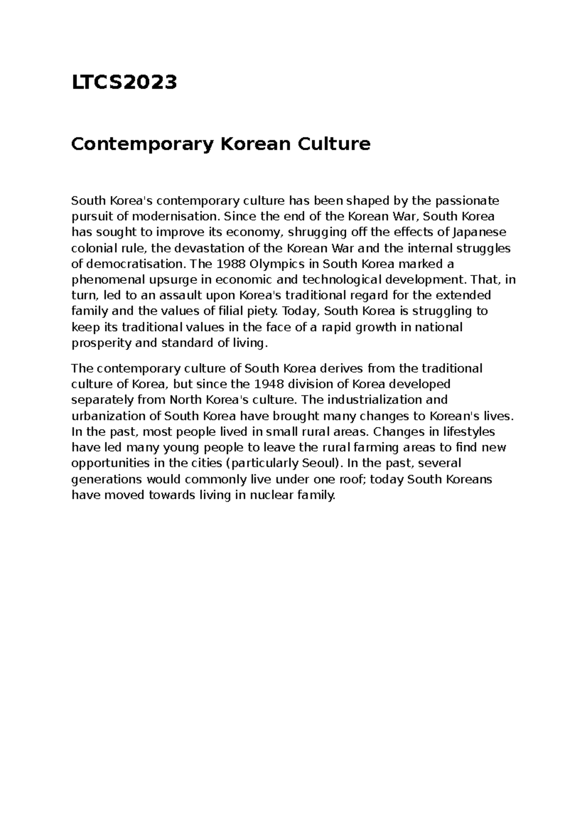 Lecture note - contemporary korean culture - LTCS Contemporary Korean ...